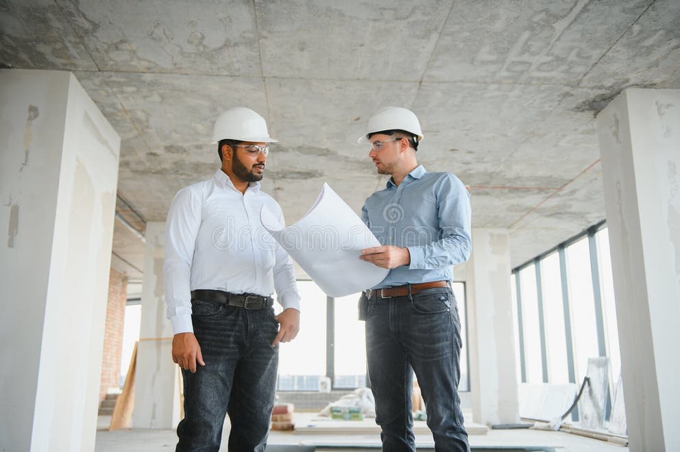 Two Architect Engineers Talking in a Constructed Office Building Stock Image - Image of helmet ...