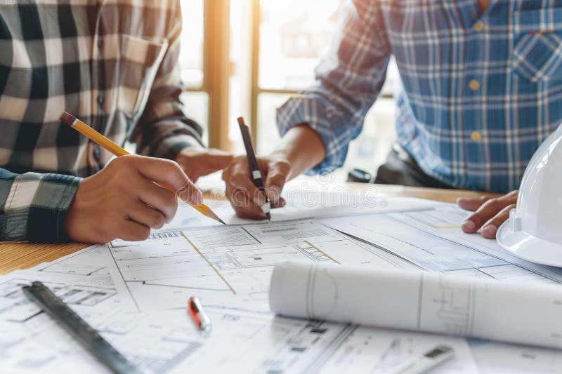 Two Architects Collaborating on Blueprint Designs in Office. Conceptual ...