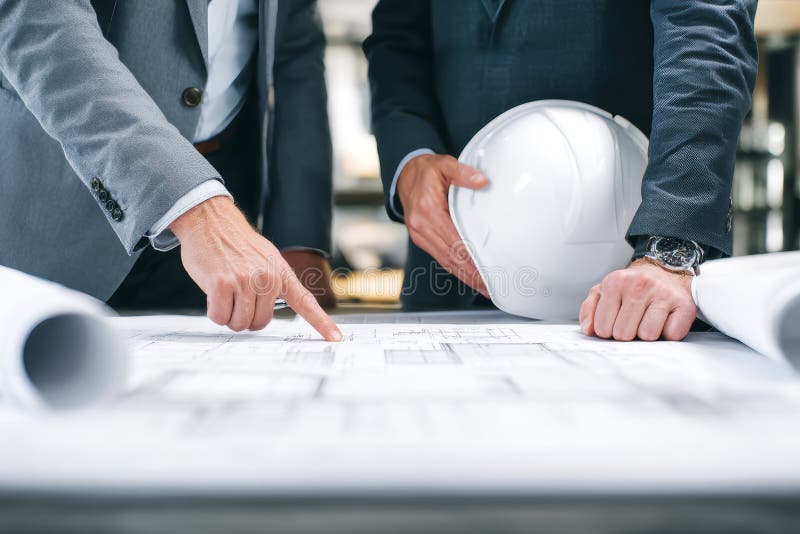 Architects Collaborating on Construction Plans in Modern Office Setting ...