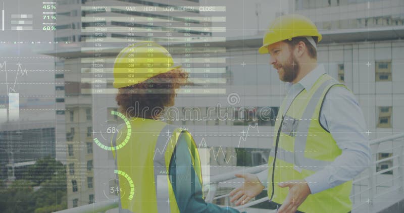 Two Architects on a Rooftop with Cityscape and Data Graphics Stock ...