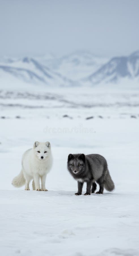 Two Arctic Foxes in Snowy Landscape Stock Illustration - Illustration of mountains, wild: 379144710