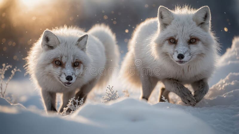 Two Arctic Foxes Walking in Snowy Landscape at Sunset Stock ...