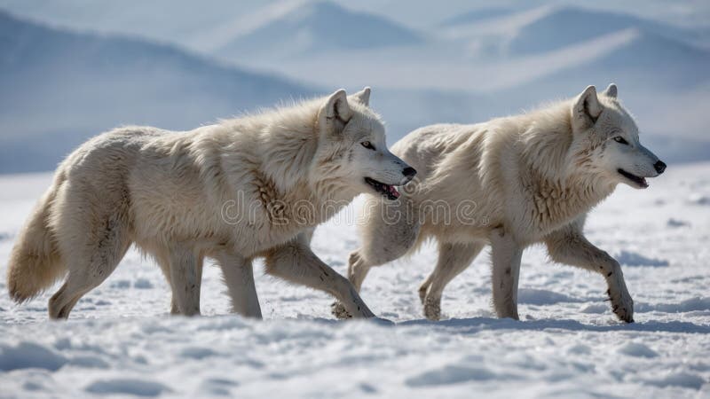 Two Arctic Wolves Walking through a Snowy Landscape with Mountains in ...