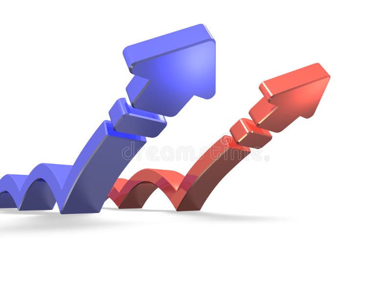 Two Arrows Moving Forward while Jumping. Red and Blue. Competition and ...