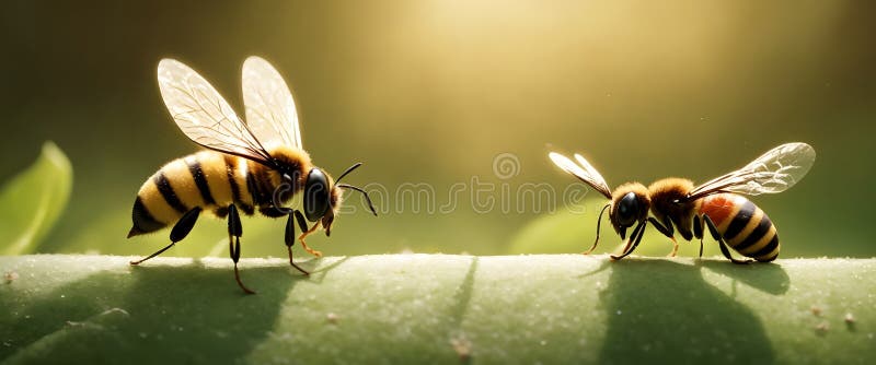 Two Bees, Arthropod Organisms, Standing on a Leaf in a Macro ...