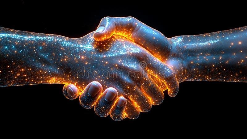 Two Hands Performing a Cosmic Handshake Surrounded by Glowing Stars ...
