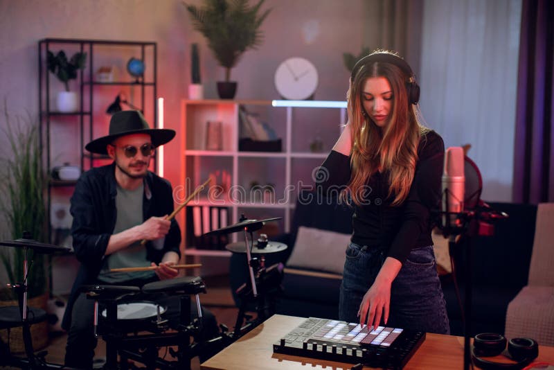 Two Artists Using Various Instruments for Recording Song Stock Image ...