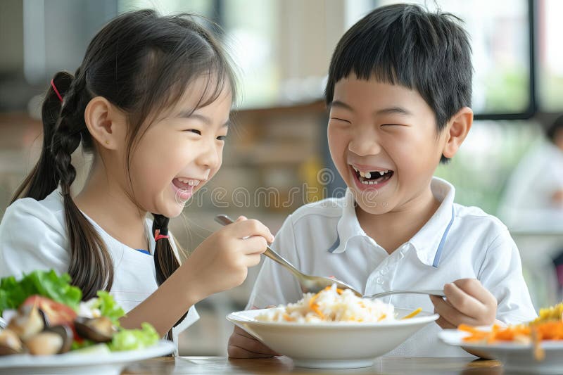 Two Asian Elementary School Students Happily Sharing a Meal Together ...