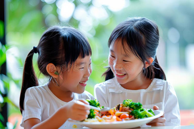 Two Asian Elementary School Students Happily Sharing a Meal Together ...