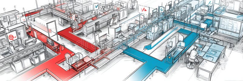 Chip Factory Setup Showcasing Diverging Assembly Lines in Red and Blue ...