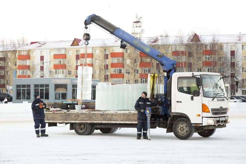 Installers Unloading Ice Blocks for an Ice Town Stock Image - Image of ...