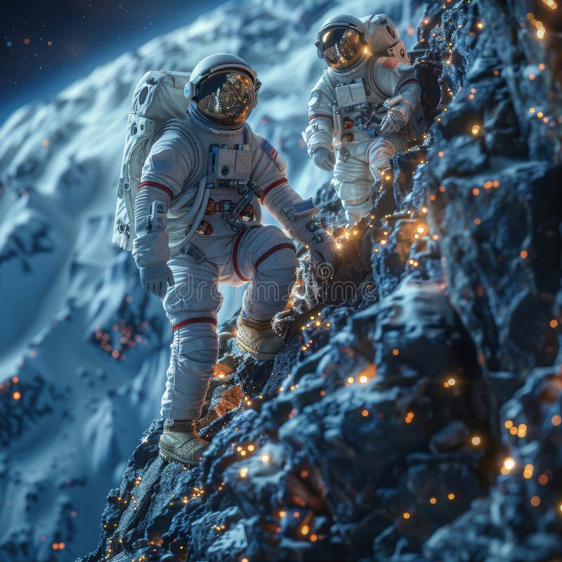 Two Astronauts Climb a Rugged Moon Cliff Under Starry Skies in a ...