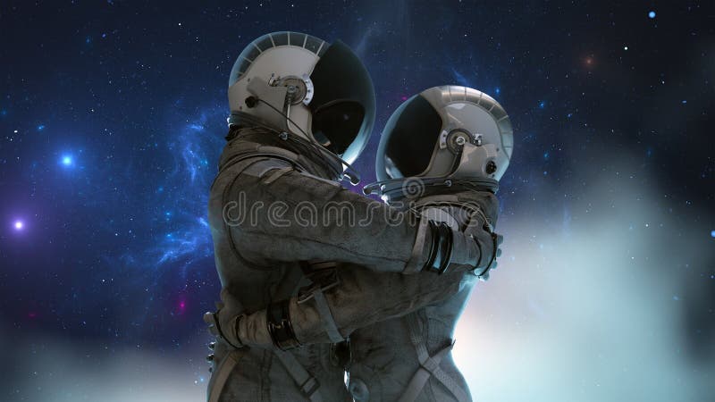 Two of Astronauts Couple in Embrace with Visor Touching, Surrounded by ...