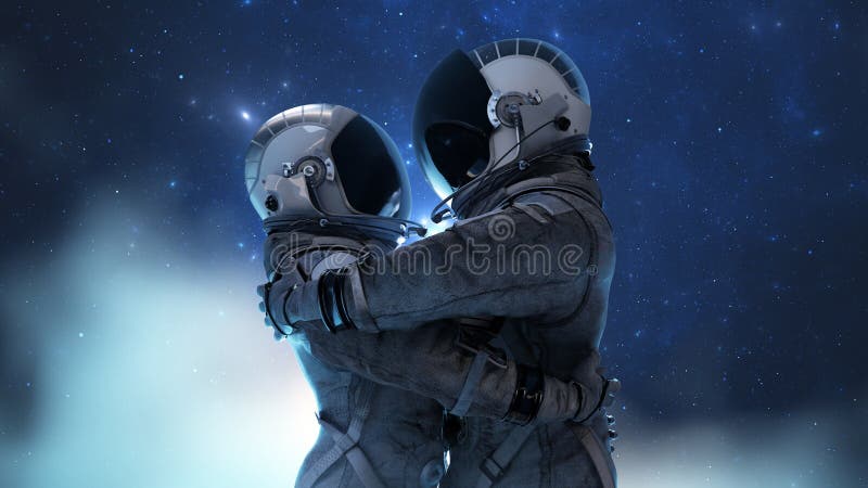 Two of Astronauts Couple in Embrace with Visor Touching, Surrounded by ...