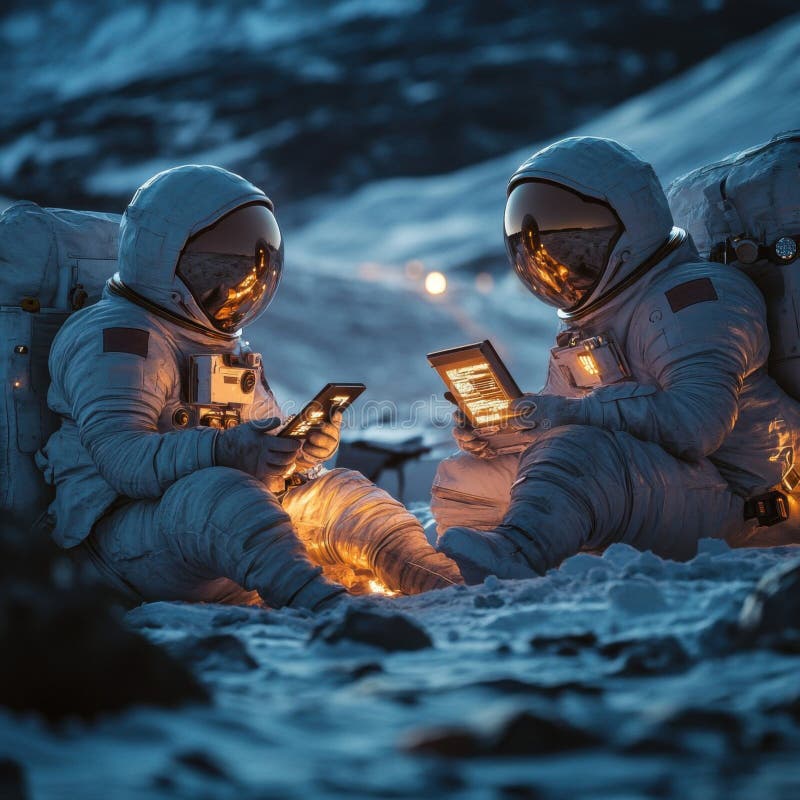 Astronauts Exploring Extraterrestrial Terrain Under Dim Light Stock ...