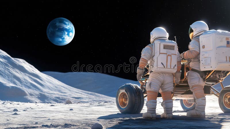 Astronauts Exploring the Lunar Surface with Earth Visible in the ...