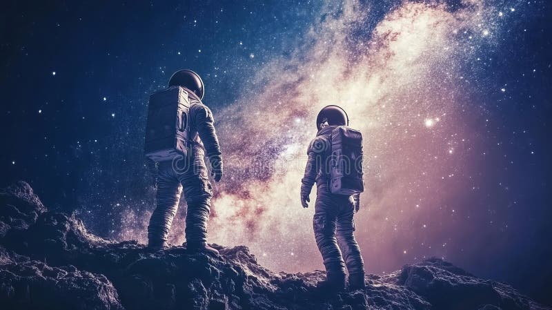 Two Astronauts Standing on Rocky Terrain with a Stunning Galactic ...