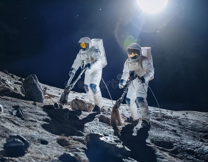 Two Astronauts Exploring Alien Planet Surface with Research Equipment ...