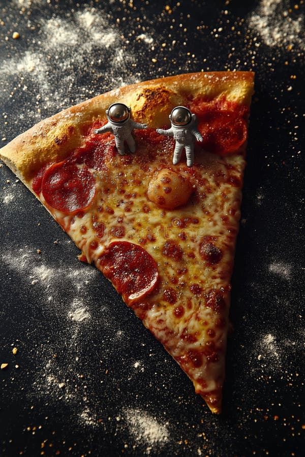 Two Astronauts Exploring a Delicious Slice of Pizza in Space Stock ...