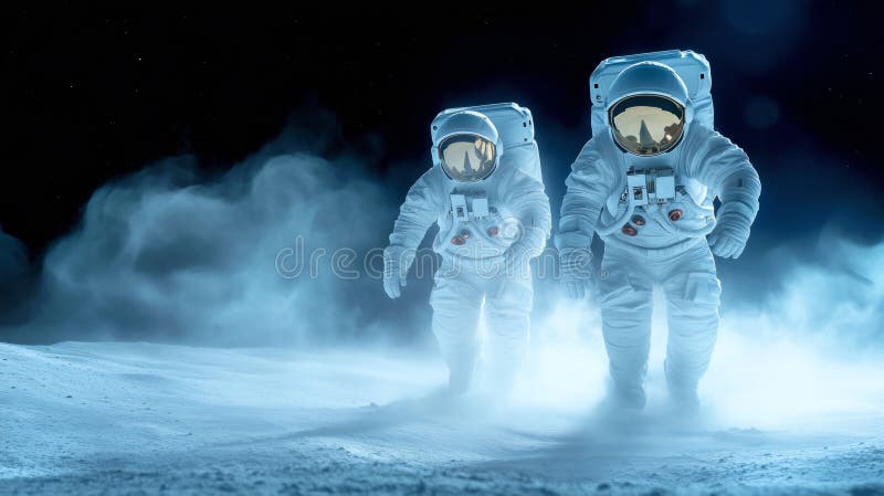 Two Astronauts Exploring a Lunar Landscape at Night Stock Illustration ...