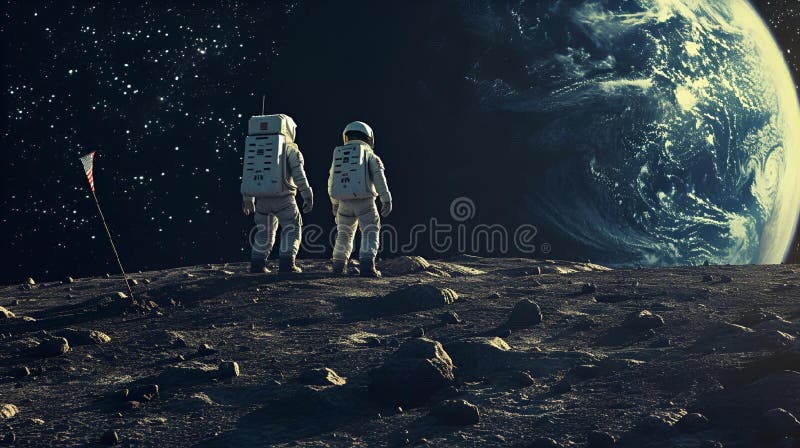 Two Astronauts Exploring the Lunar Surface, AI-generated. Stock ...