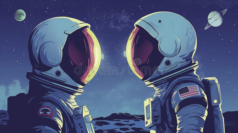 Two Astronauts Face Each Other Against a Cosmic Backdrop, Ready To ...