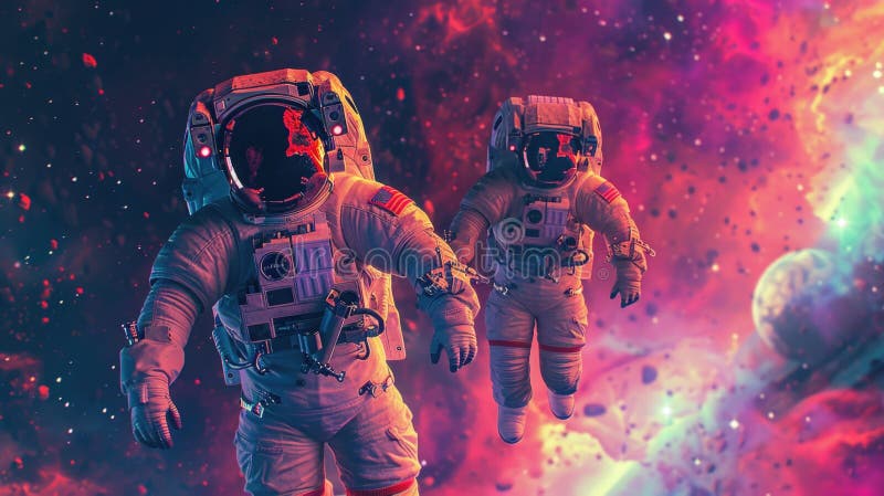 Two Astronauts Floating in Outer Space with a Vibrant Background ...