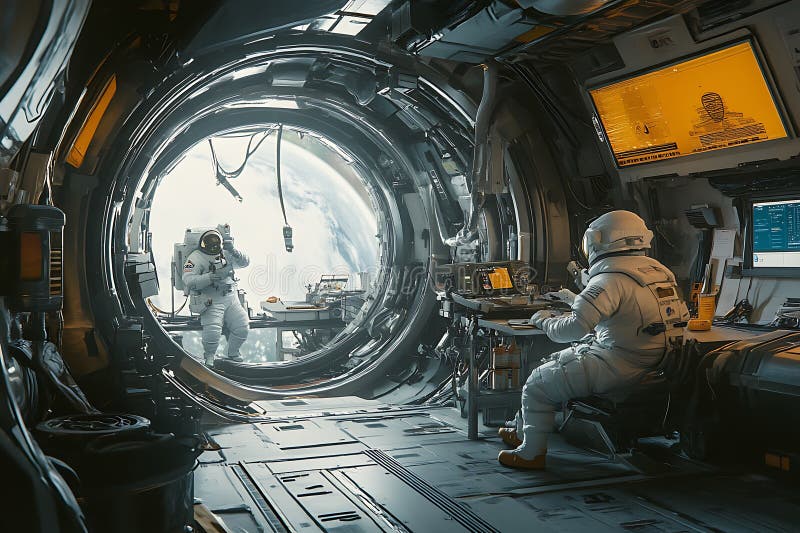 Two Astronauts in Futuristic Spaceship, One by Portal Viewing Earth ...