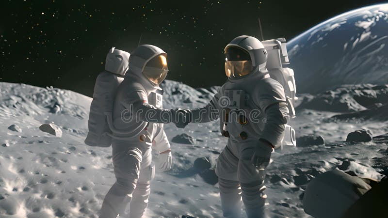 Astronauts Shaking Hands on the Lunar Surface with Earth in the ...