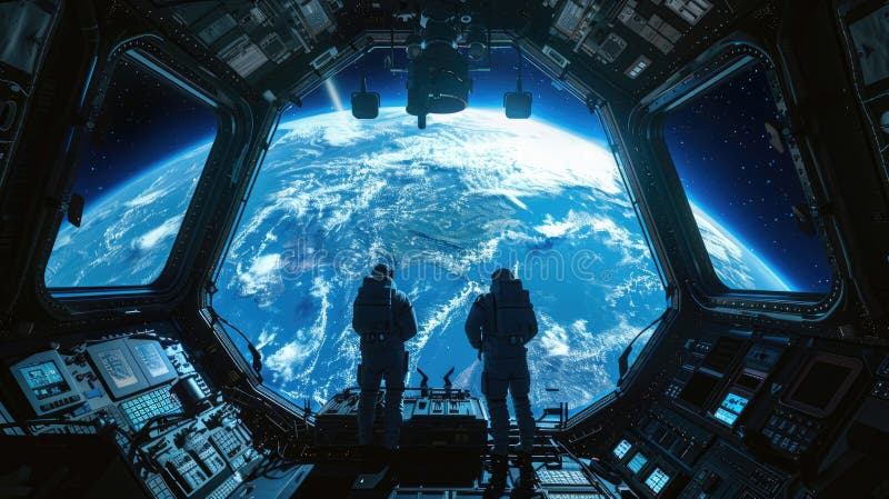Two Astronauts are Looking Out the Window of a Space Shuttle Stock ...
