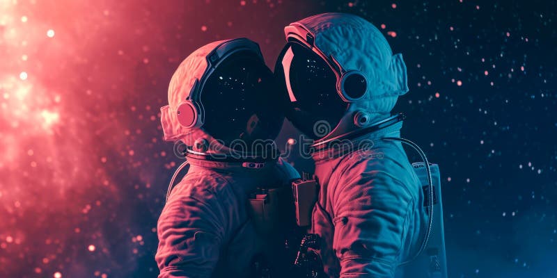 Two Astronauts in Love Against the Background of Outer Space ...
