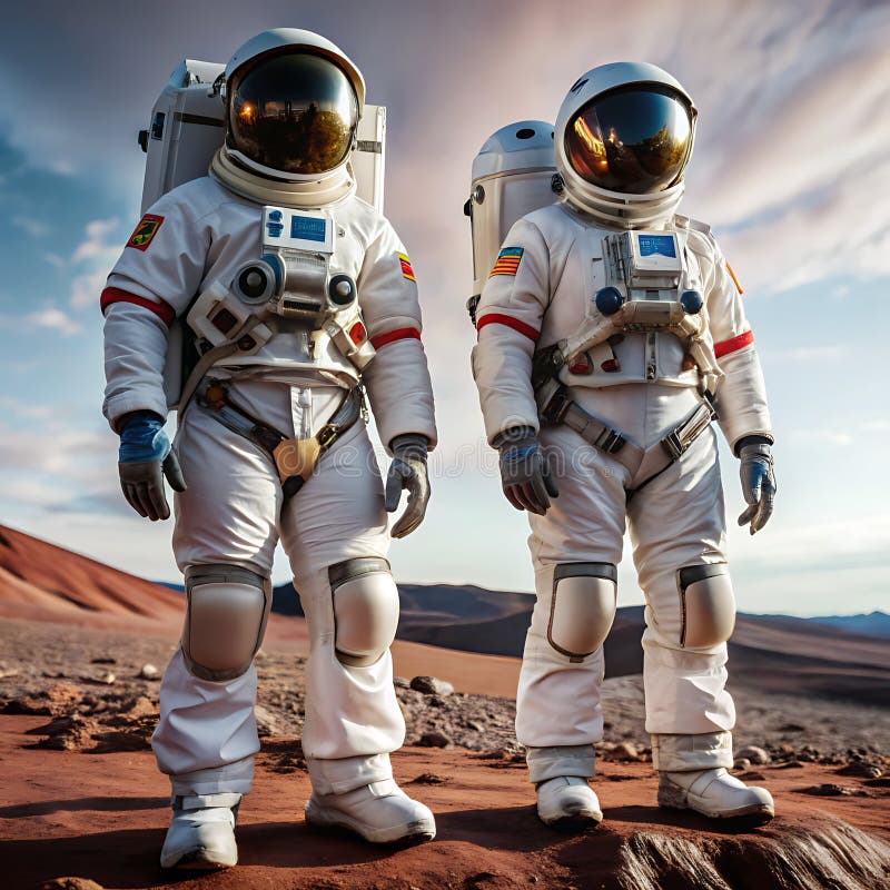 Two Astronauts on Mars Surface in High-Tech Spacesuits Stock Image ...