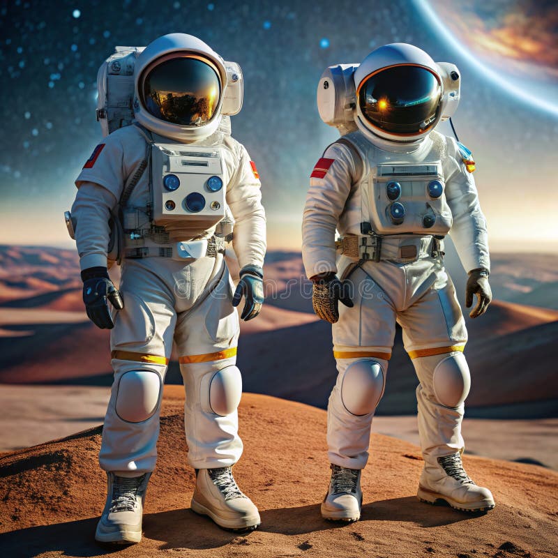Two Astronauts on Mars Surface in High-Tech Spacesuits Stock Image ...