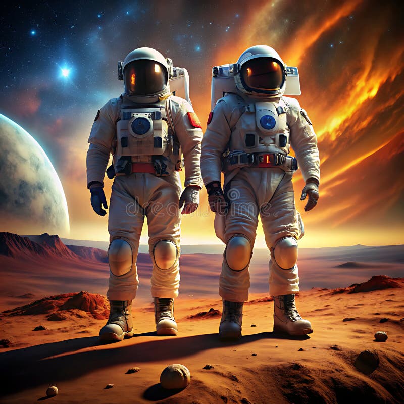 Two Astronauts on Mars Surface in High-Tech Spacesuits Stock Photo ...