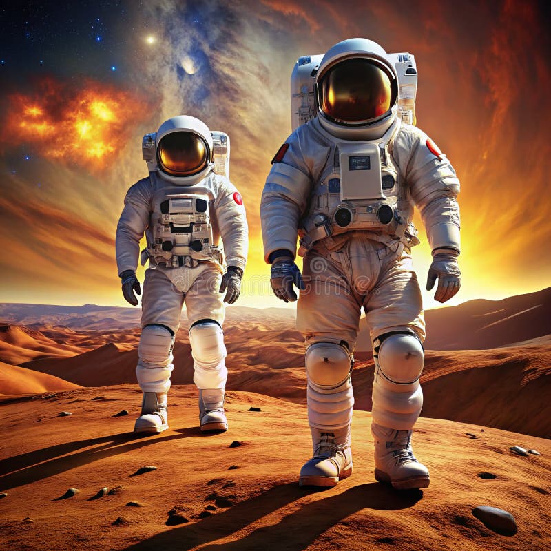 Two Astronauts on Mars Surface in High-Tech Spacesuits Stock Image ...