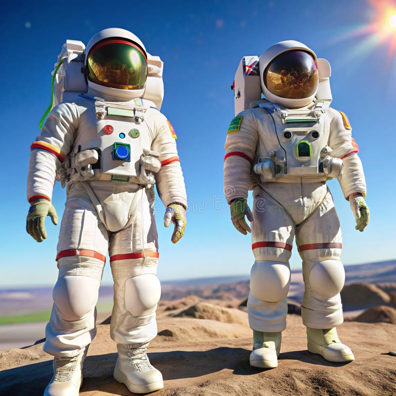 Two Astronauts on Mars Surface in High-Tech Spacesuits Stock Photo ...