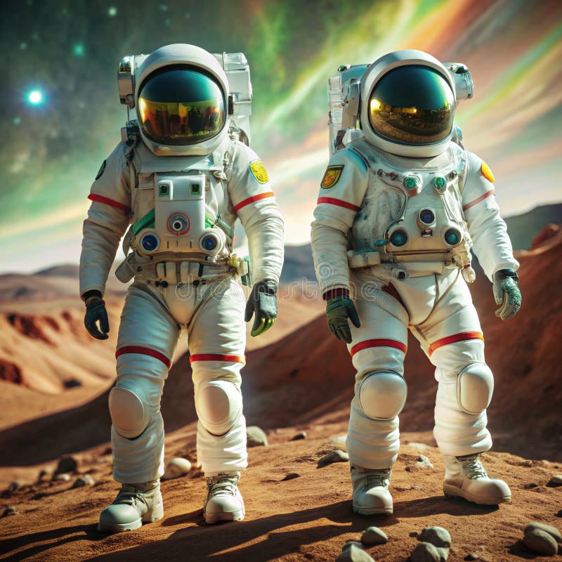 Two Astronauts on Mars Surface in High-Tech Spacesuits Stock Image ...