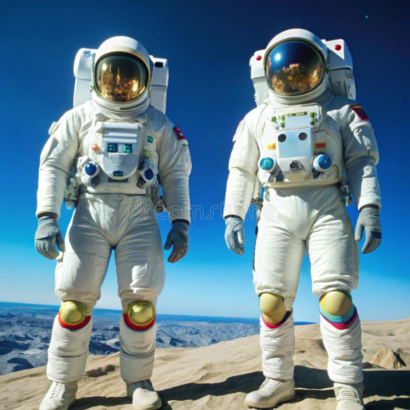 Two Astronauts on Mars Surface in High-Tech Spacesuits Stock Image ...