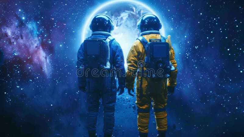 Two Astronauts One in a Blue Suit and the Other in a Yellow Suit Stand ...