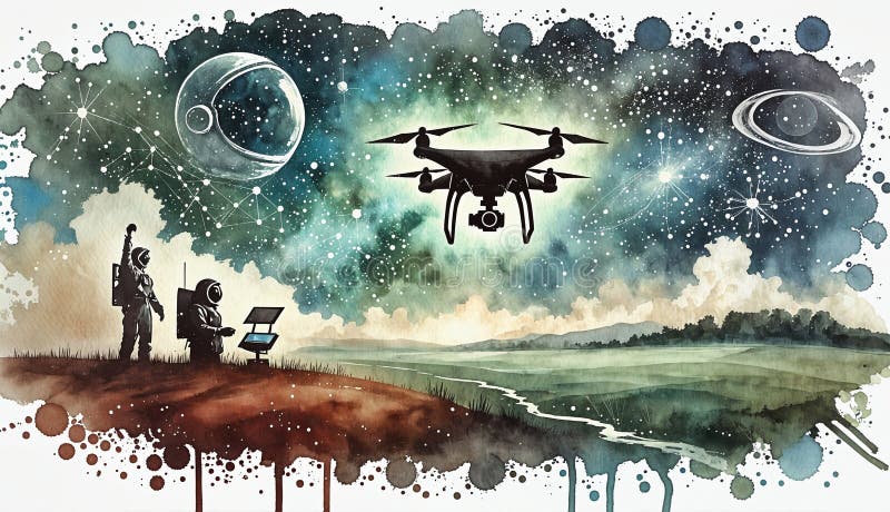 Cosmic Exploration with Drone Under Starry Sky Stock Illustration ...