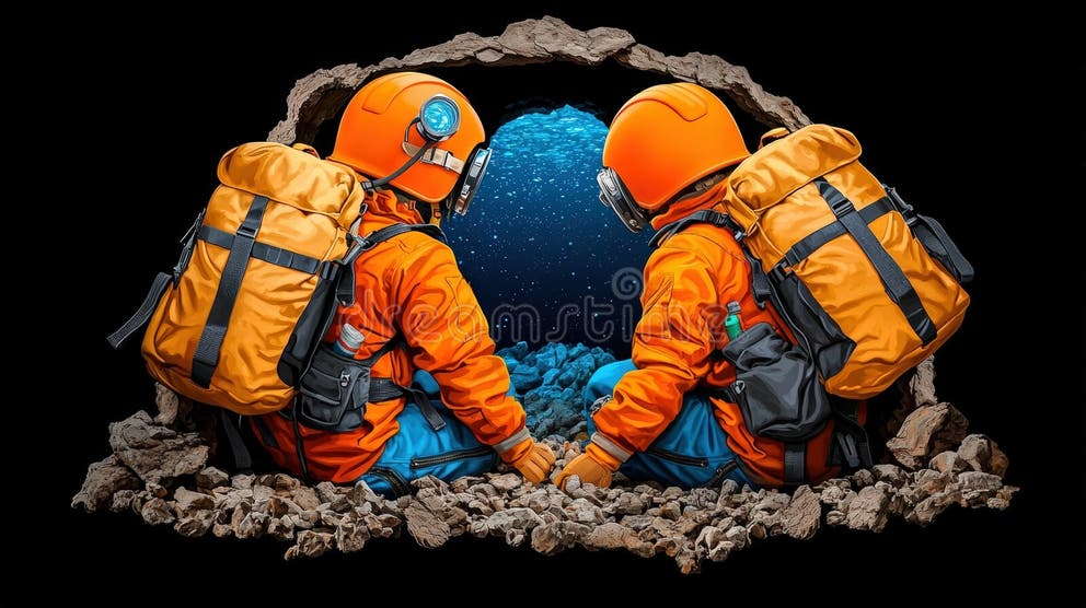 Two Astronauts in Orange Suits Exploring a Cave with a Glowing Blue ...