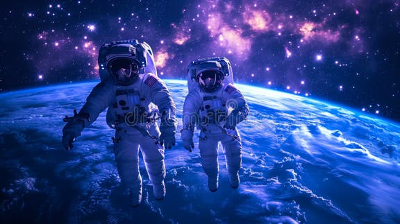 Two Astronauts Performing a Spacewalk with the Galaxy in the Background ...