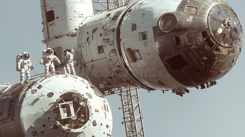 Two Astronauts Performing a Spacewalk on a Spacecraft Stock ...