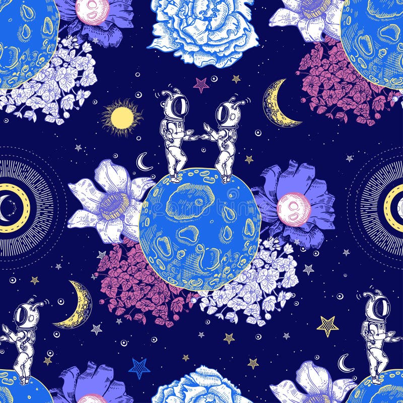 Two Astronauts, Planets and Flowers. Seamless Pattern. Space ...