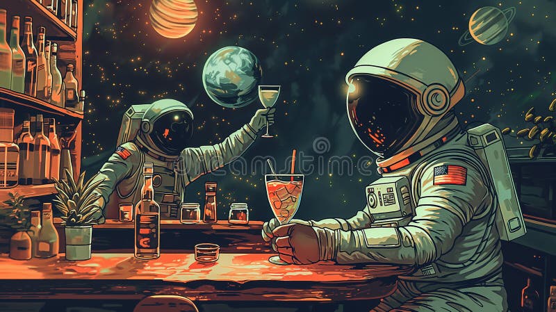 Two Astronauts are Raising Their Glasses in a Vibrant Space Bar Surrounded by Planets Stock ...