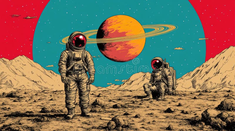 Two Astronauts in a Retro Comic-style Scene Explore a Barren Alien ...