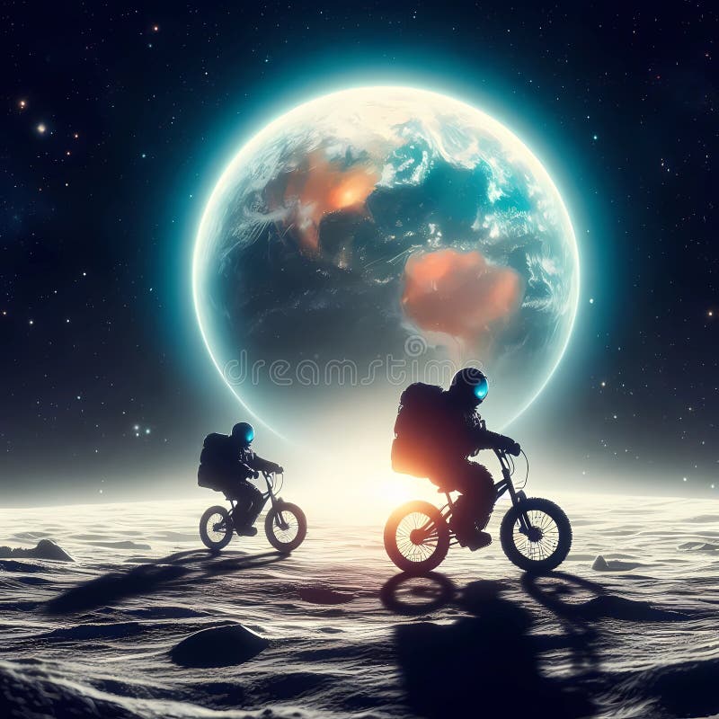 Astronauts Riding Bikes on the Moon Stock Illustration - Illustration ...