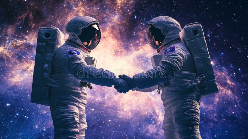 Two Astronauts Shaking Hands in Front of a Galactic Nebula Stock Image ...