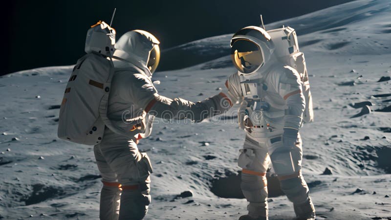 Two Astronauts Shaking Hands on Moons Surface Stock Footage - Video of ...