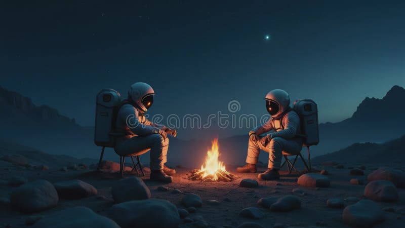 Two Astronauts Sit by a Campfire on an Alien Planet, Surrounded by ...